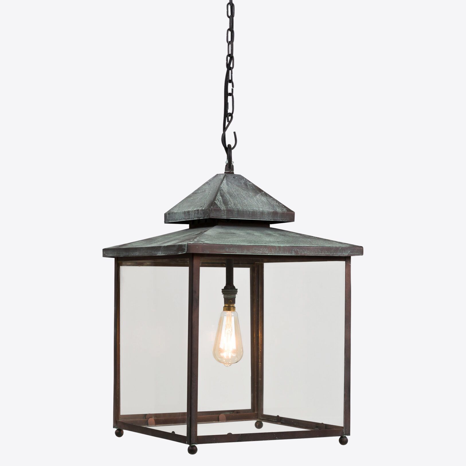 The Verdigris Bronze Keats Lantern - a square glass hanging lantern